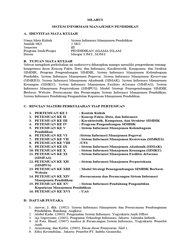 Silabus SIM Manajemen Pendidikan | PDF