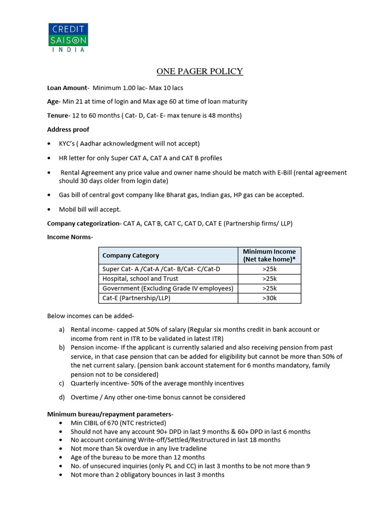 Credit Saison One Pager Policy Updated | PDF | Pension | Economies
