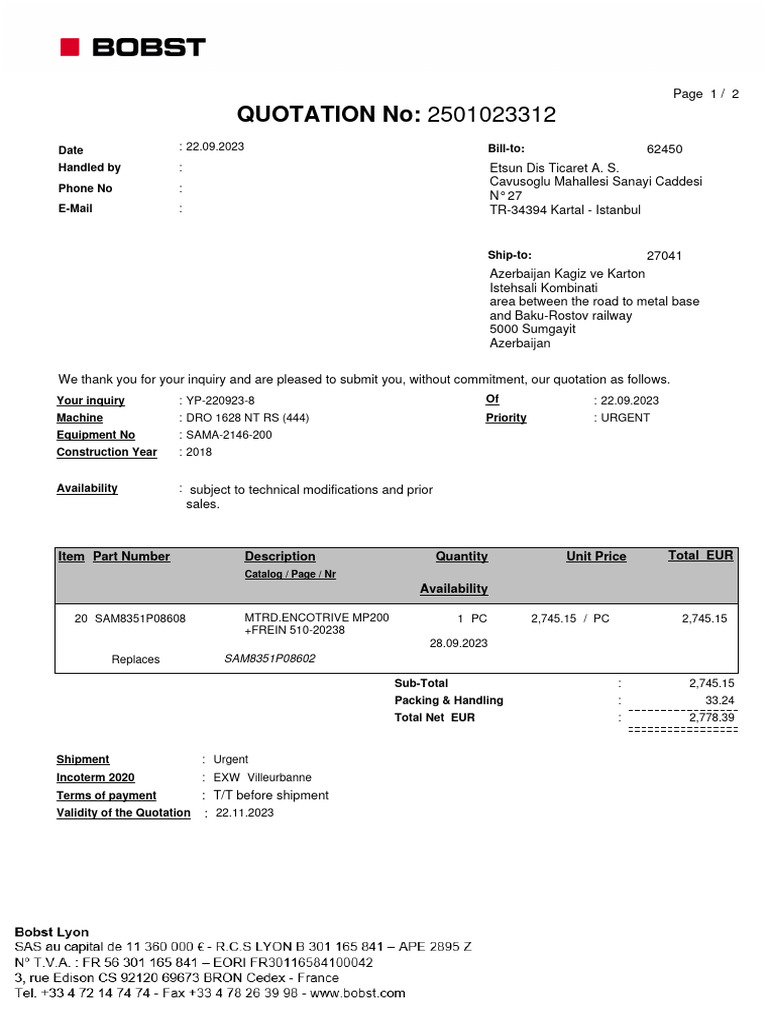 QUOTATION No: 2501023312: Date Handled by Phone No E-Mail Bill-To | PDF