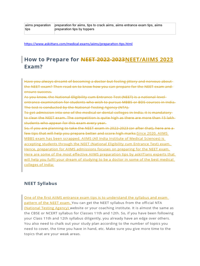 AIIMS Exam Preparation Tips | PDF | Career & Growth | Science & Mathematics