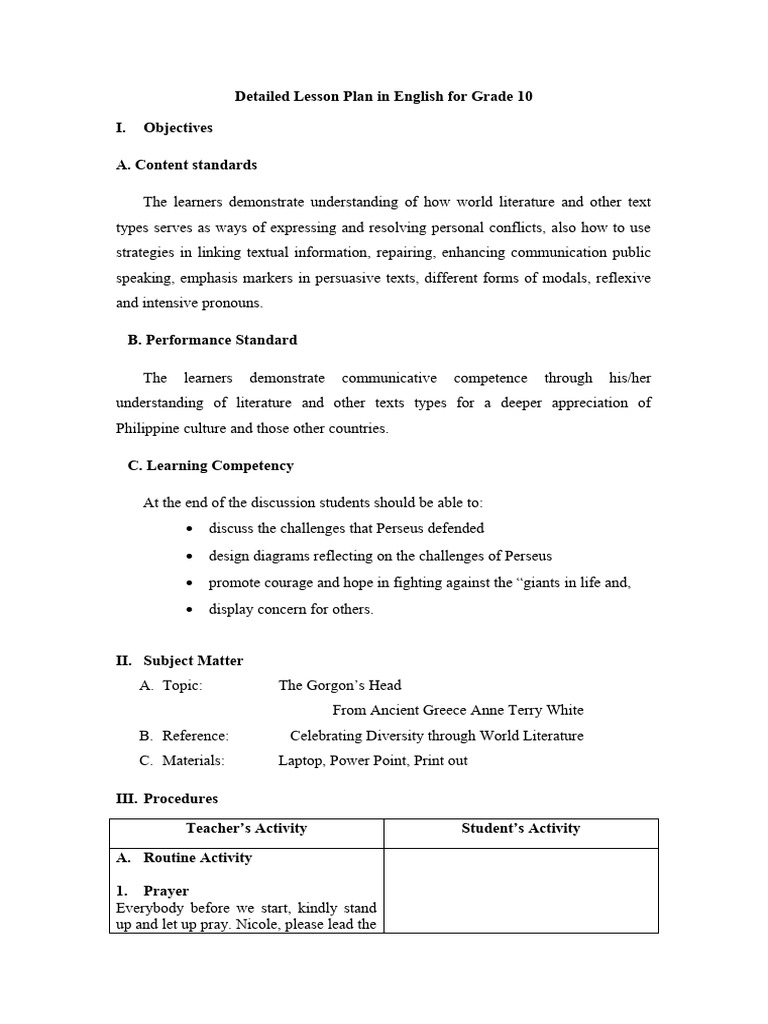 Detailed Grade 10 English Lesson Plan | PDF | Medusa | Lesson Plan