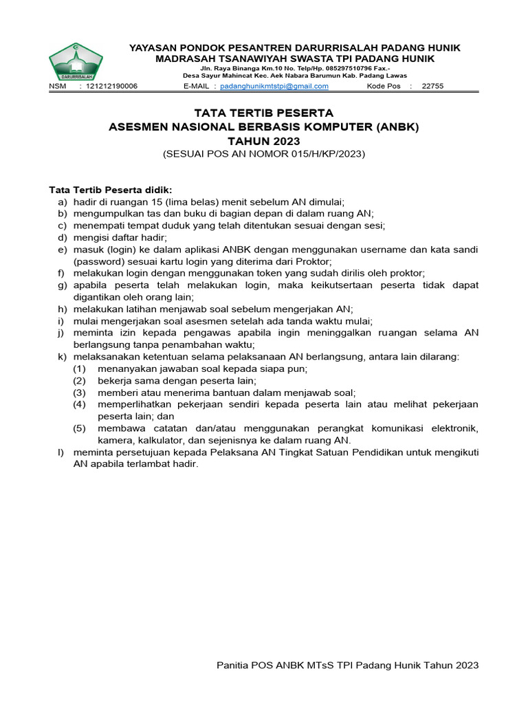 Tata Tertib Peserta ANBK 2023 | PDF