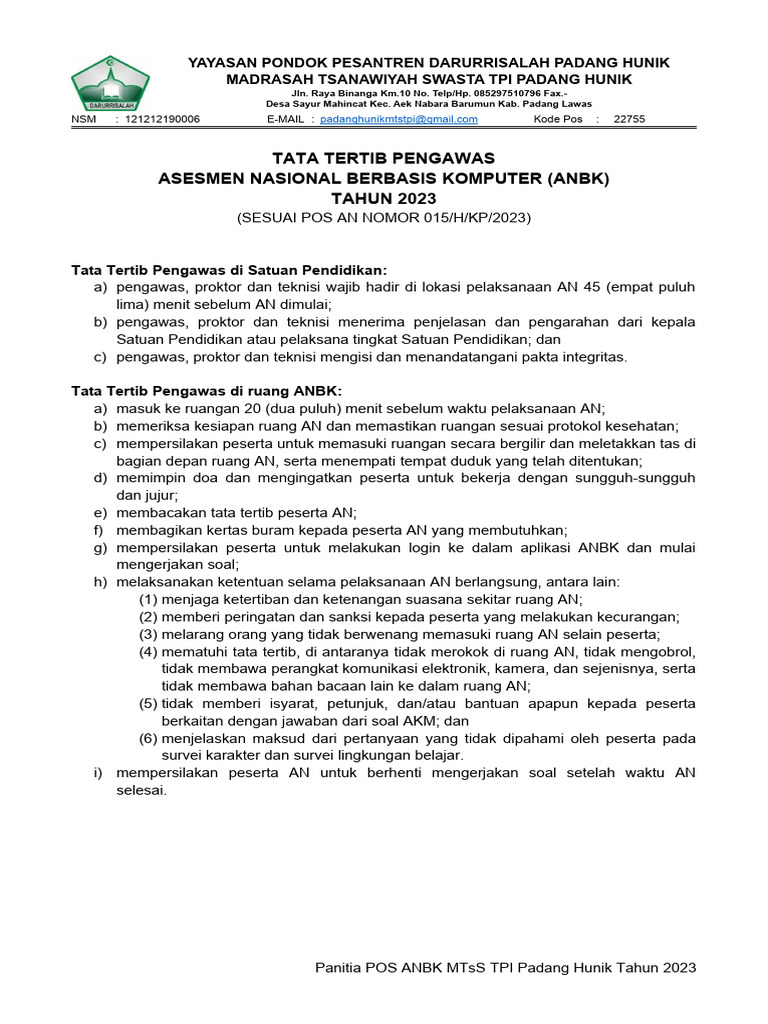 Tata Tertib Pengawas ANBK 2023 | PDF