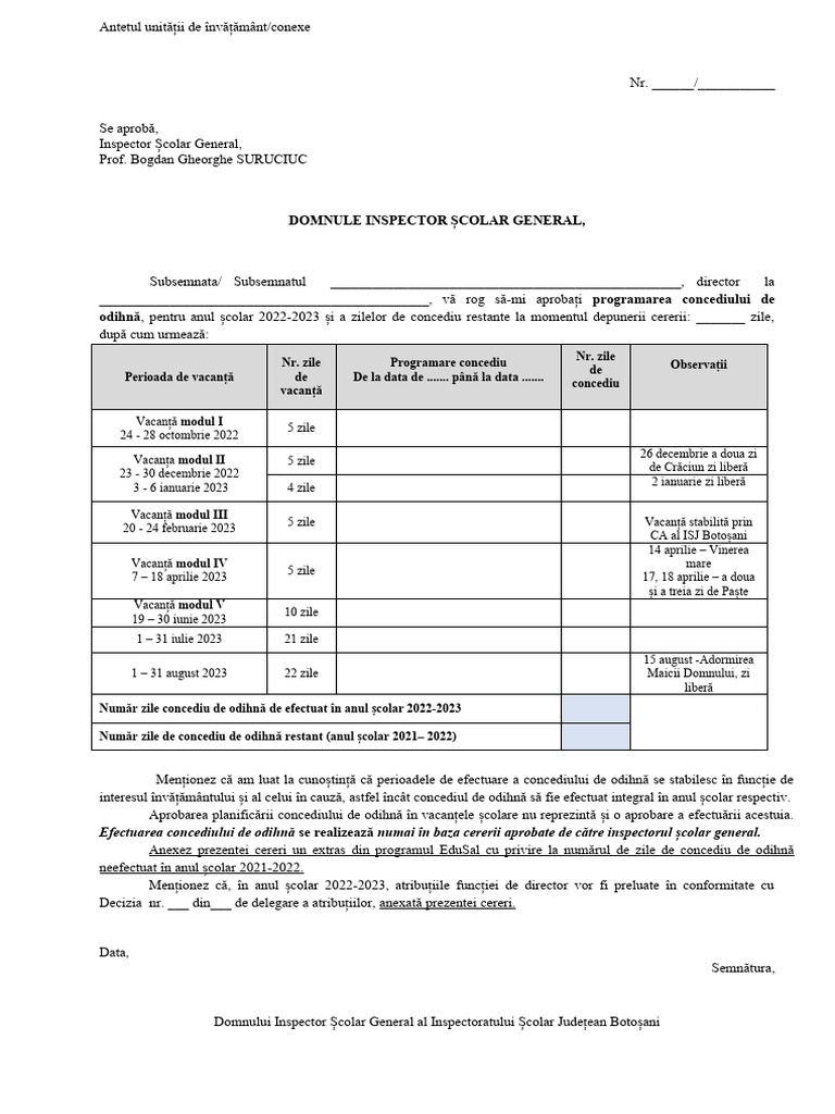 Anexa 1 Cerere Programare CO 2022-2023 | PDF