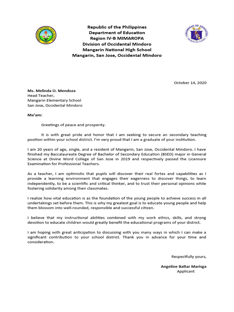 Application Letter Angeline Secondary | PDF