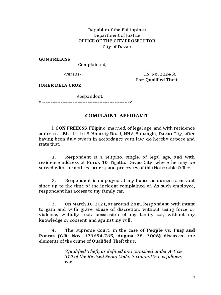 Sample Of A Complaint Affidavit In Legal Writing Pdf Theft Crimes