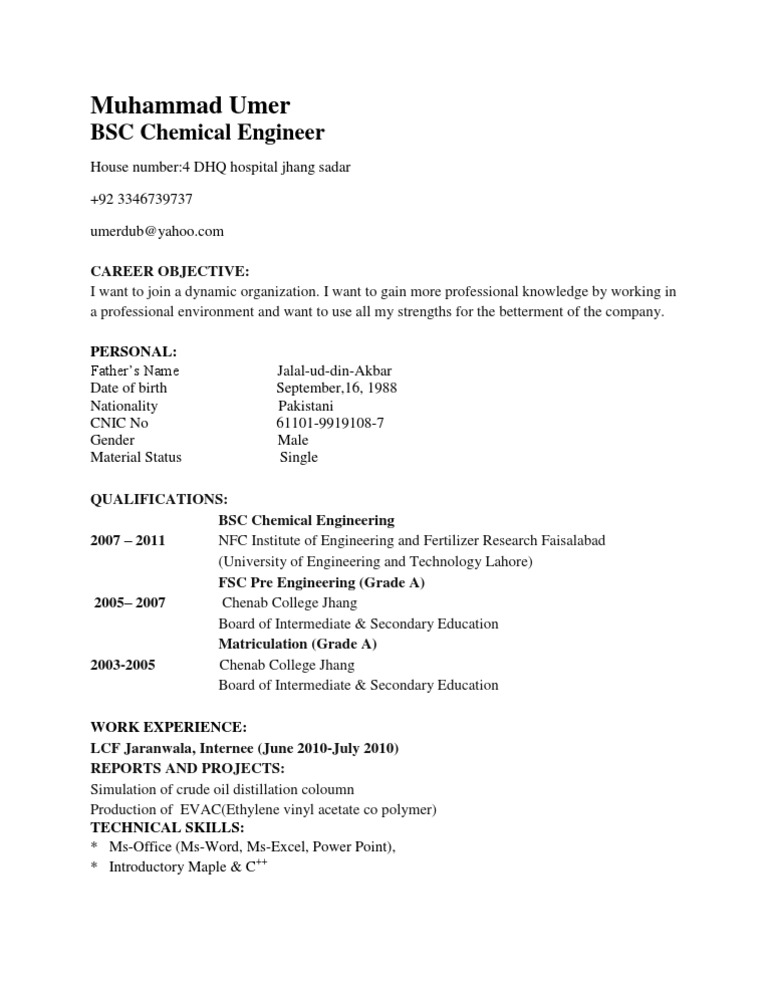Zia (Chemical Engineer CV) | PDF