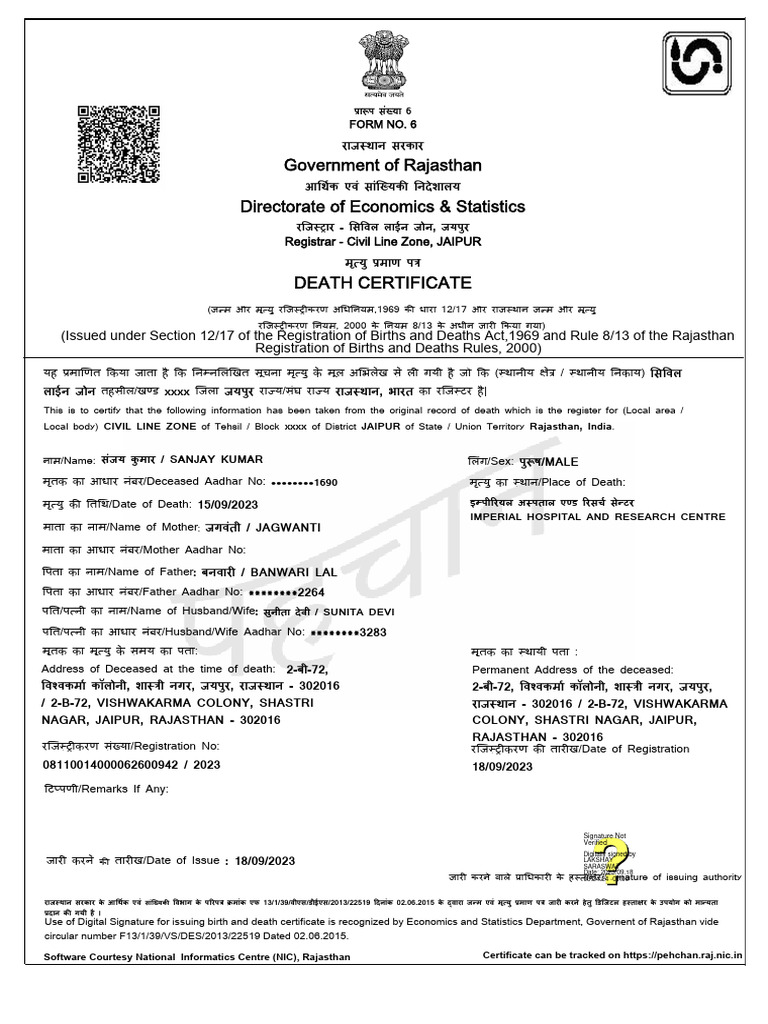 Sanajy Kumar Death Certificate | PDF