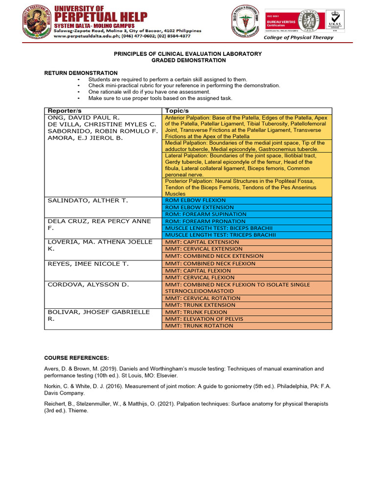 Palpation, ROM, MMT Guide S.Y. 2023-2024 | PDF