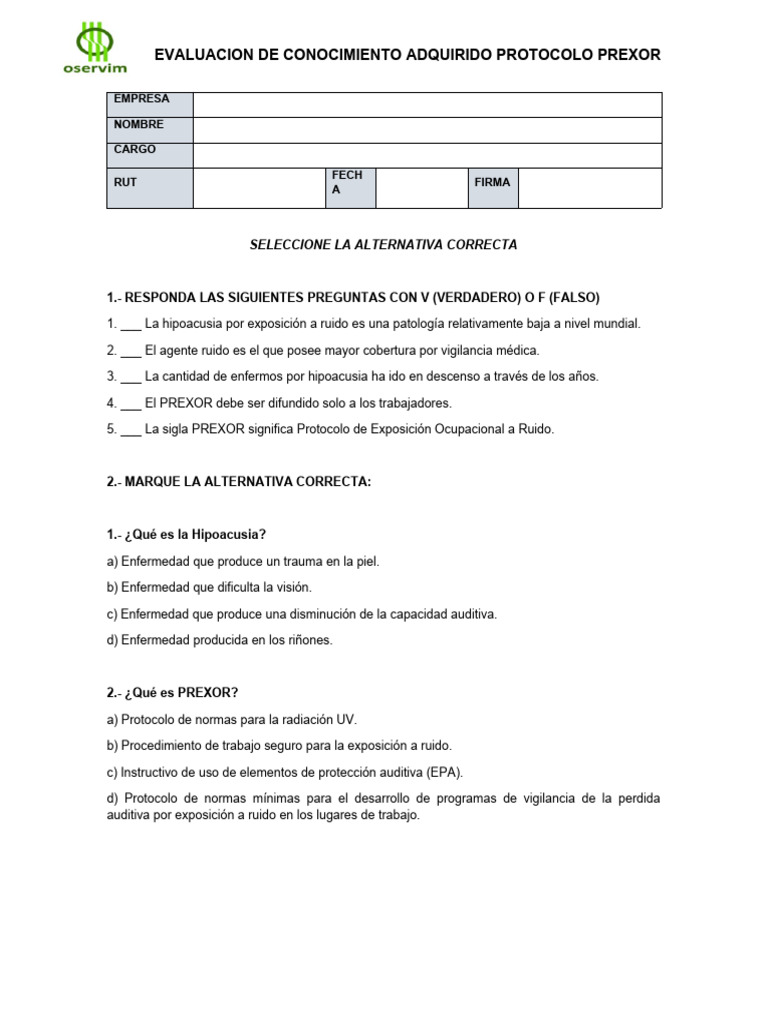 Evaluación de Conocimiento Prexor | PDF