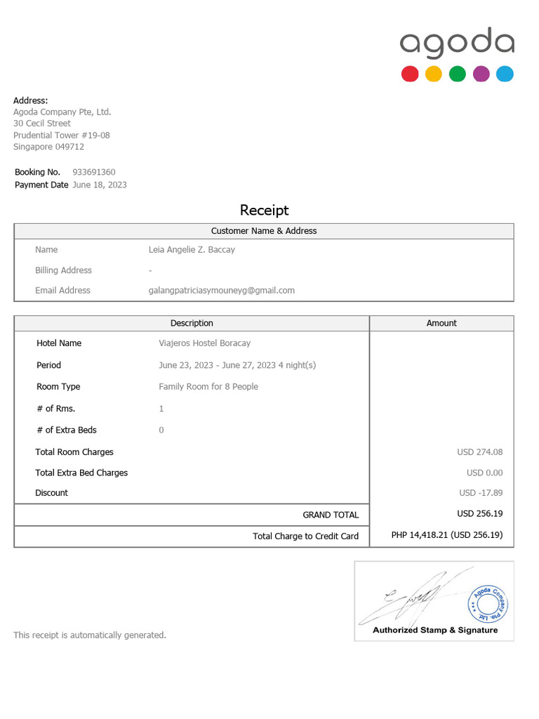 Agoda Booking ID 933691360 RECEIPT Enclosed | PDF