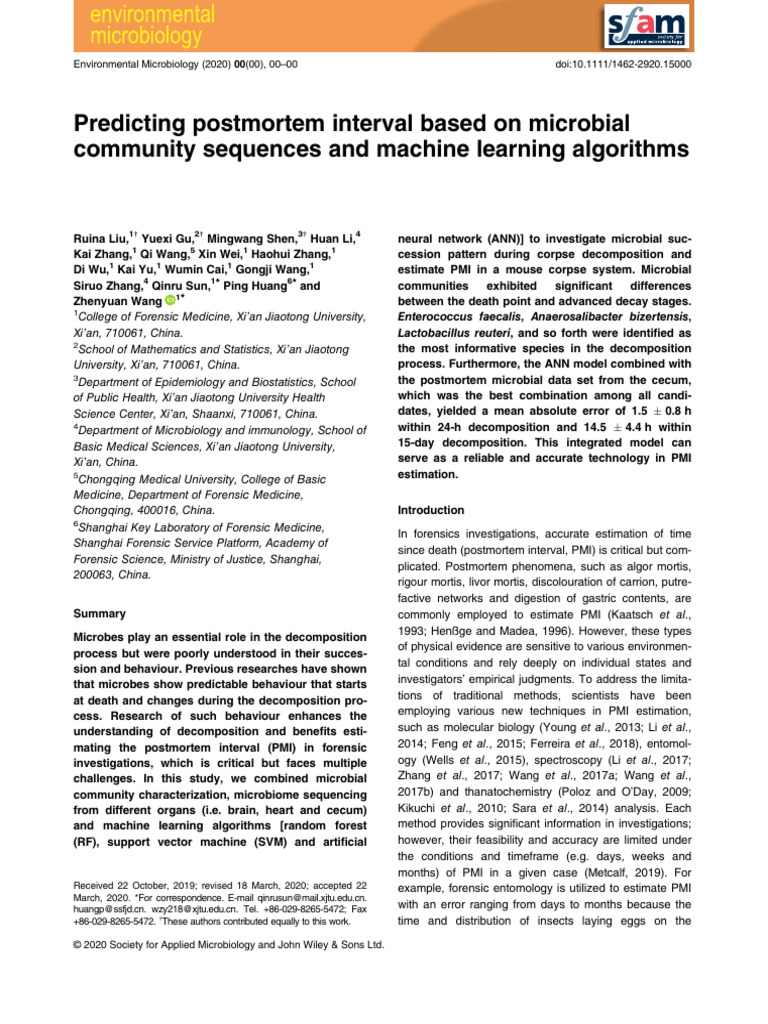 Predicting Postmortem Interval Based On Microbial | PDF | Dna Sequencing | Machine Learning
