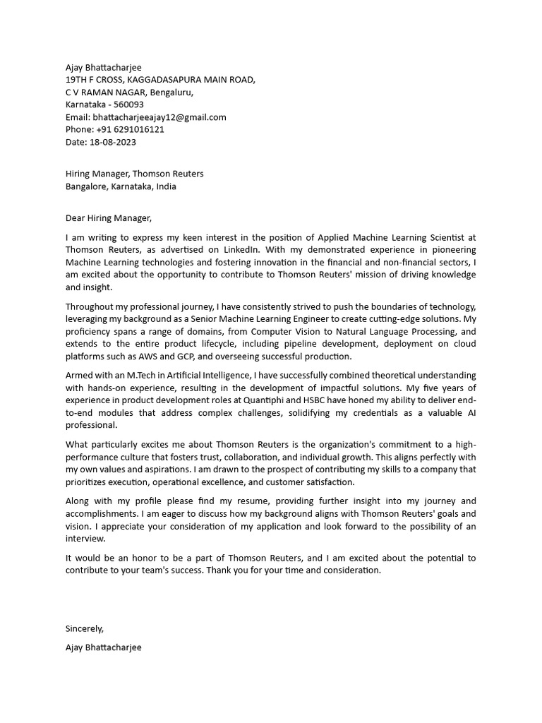 Cover Letter Thomson Reuters | PDF