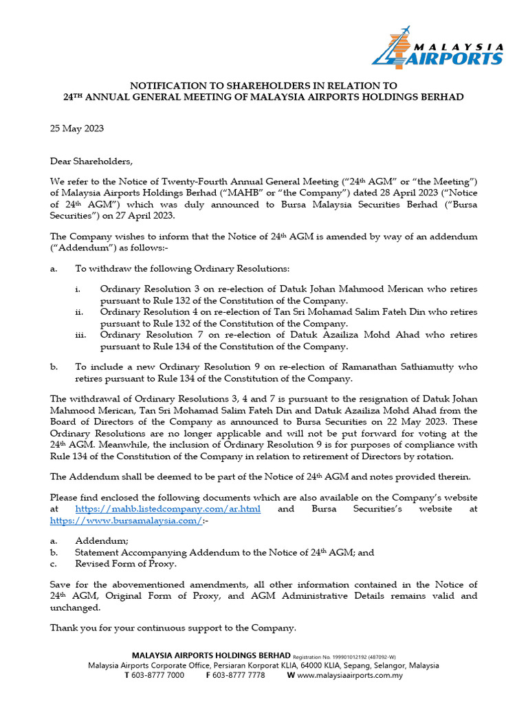 Notification On Addendum To Notice of 24th AGM | PDF | Proxy Voting ...