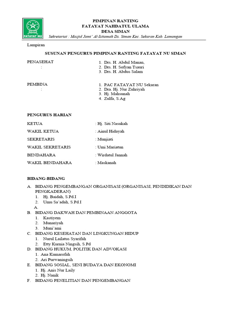 Susunan Pengurus Fatayat Nu | PDF