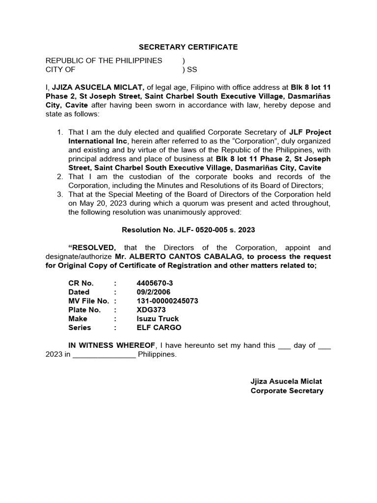 Secretary Certificate - Authorization | PDF