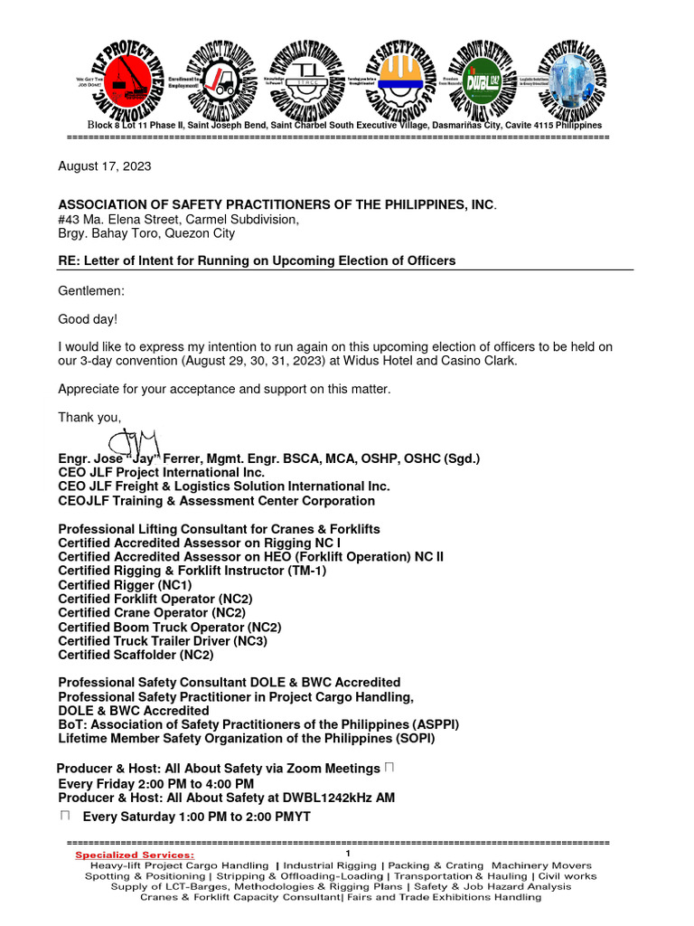 Letter of Intent - Elections of Officer2 | PDF