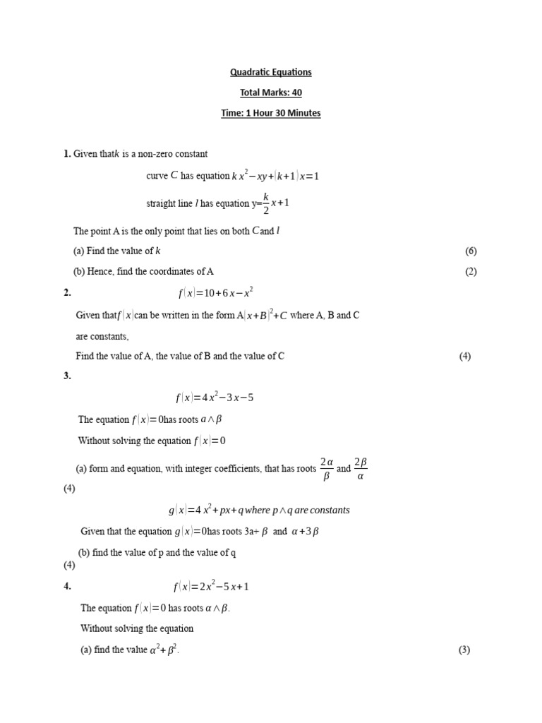 Quadratic Equations Problem Set | PDF | Equations | Quadratic Equation