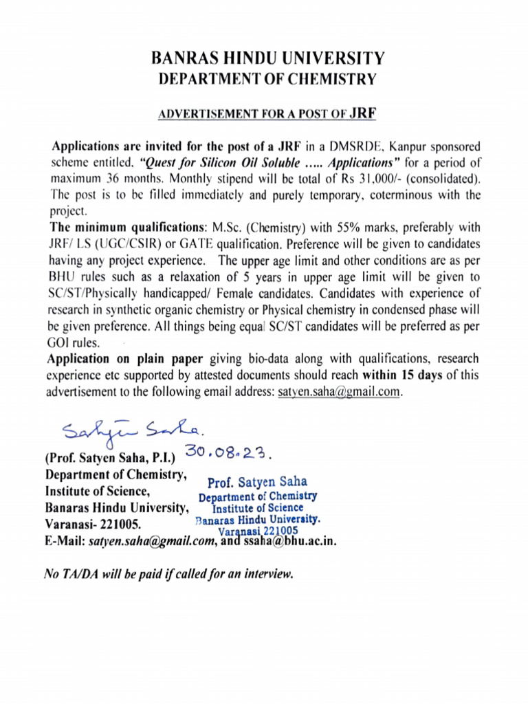 JRF Position in Chemistry at BHU | PDF | Technology & Engineering