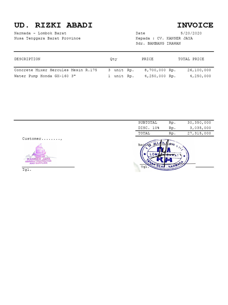 Nota Alat Cv. Raflesia | PDF
