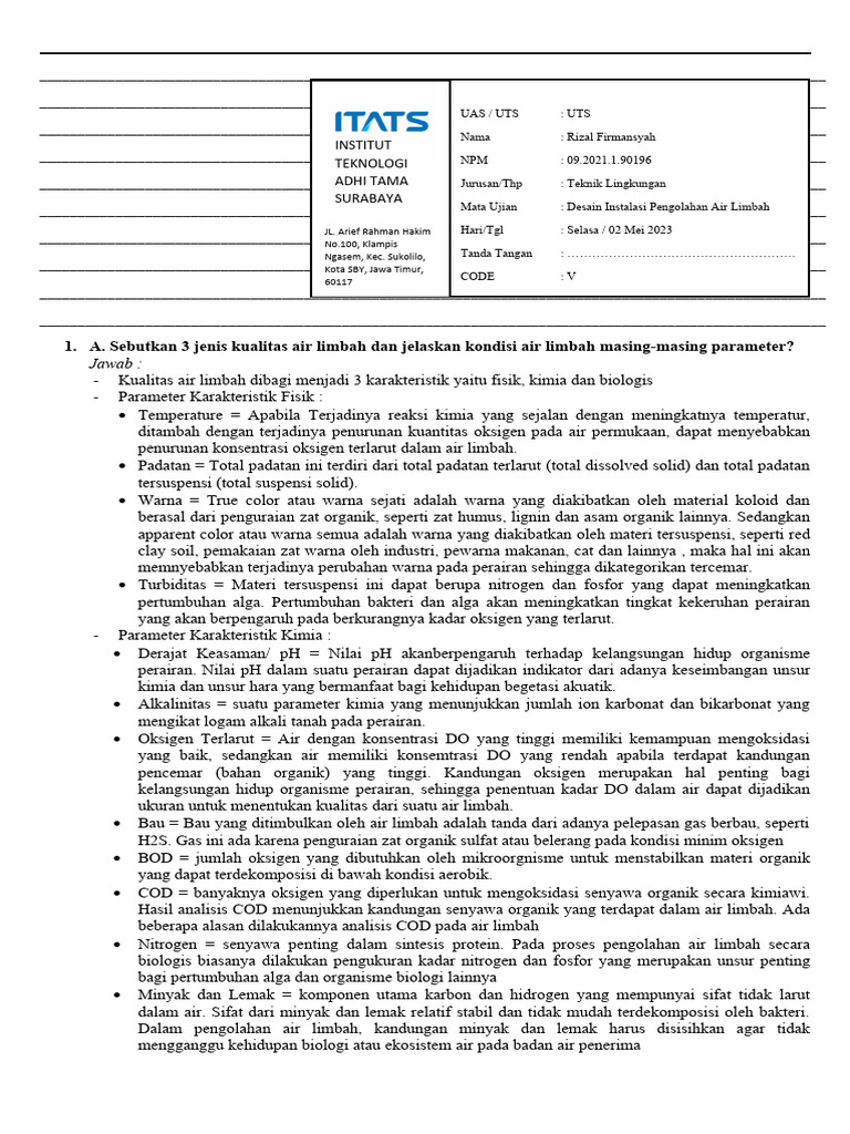 UTS - 20212 - 09.2021.1.90196 - RIZAL FIRMANSYAH - Desain Instalasi Pengolahan Air Minum - P PDF ...