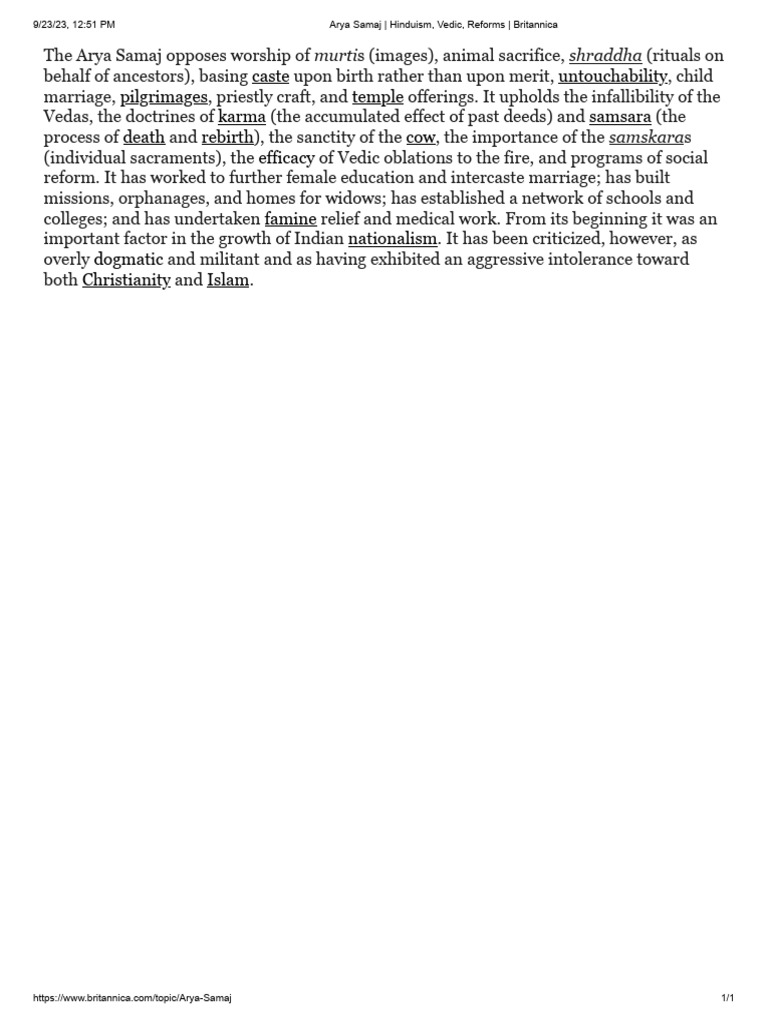 Arya Samaj _ Hinduism, Vedic, Reforms _ Britannica | PDF