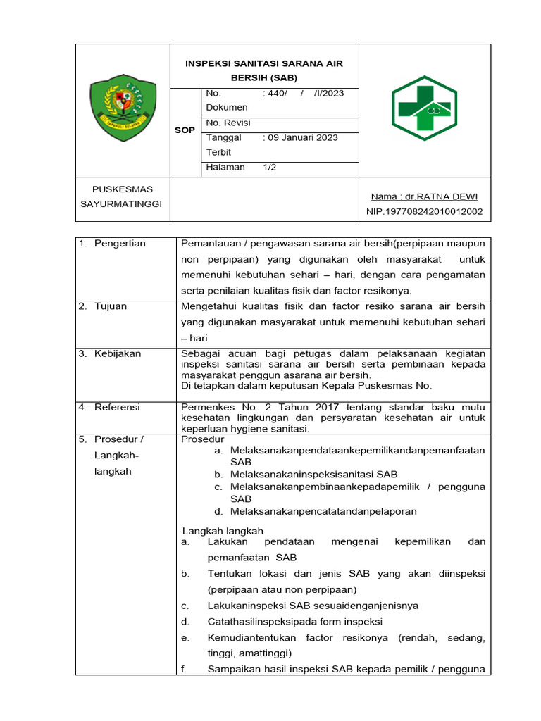 Sop Inspeksi Sanitasi Sarana Air Bersih (Sab) - 1 | PDF