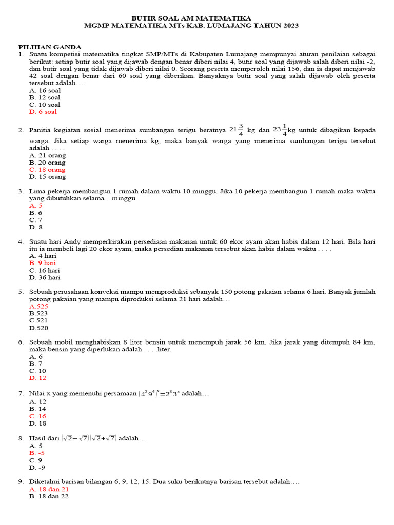 Butir Soal Am Matematika 2023 | PDF | Metode & Bahan Ajar | Griya & Taman