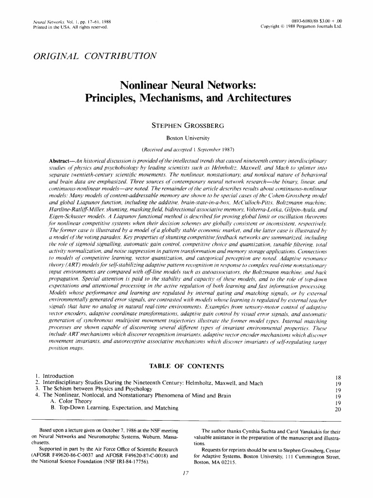 Grossberg1987 Nonlinear Neural Networks Principles Mechanisms and Arhitectures | PDF