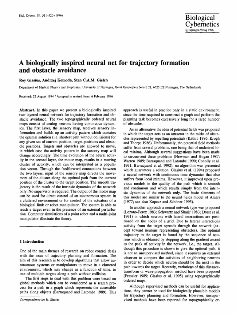 Glasius1996 A Biologically Inspired Neural Network For Trajectory Formation and Obstacle ...