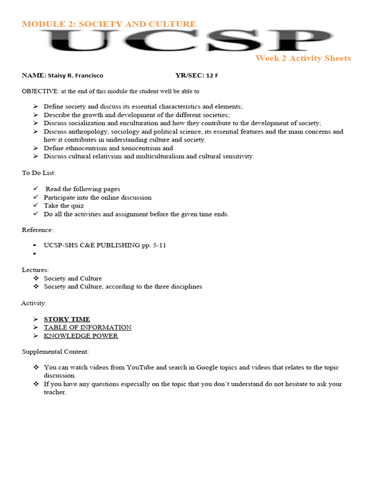 UCSP MODULE 2 Activity Sheets | PDF