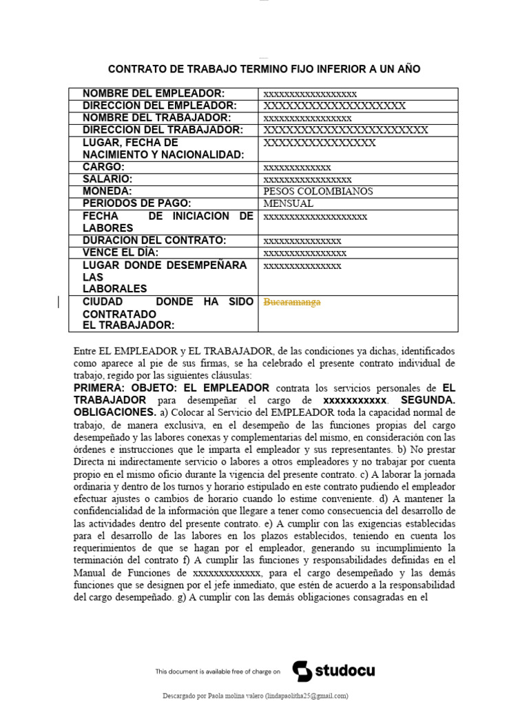 Contrato a Término Fijo Menor a Un Año | PDF | Derecho laboral | Salario