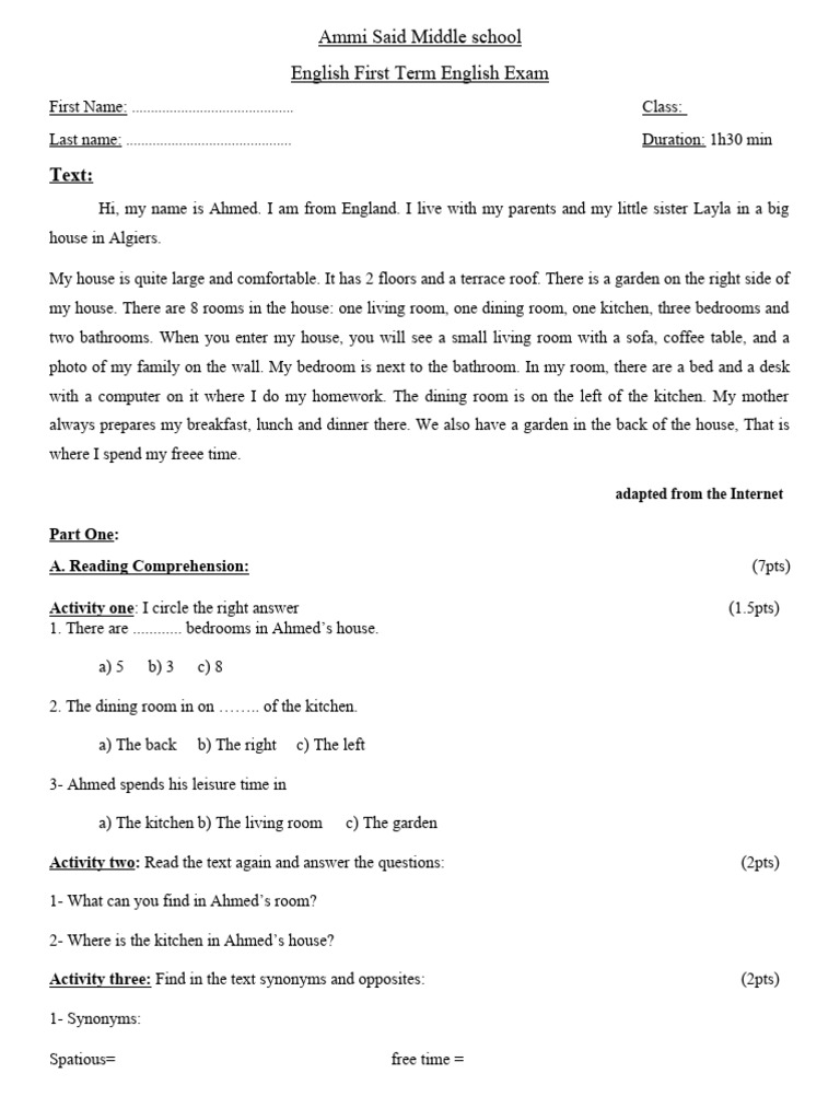 2Ms First Term Exam | PDF | Room | Linguistics