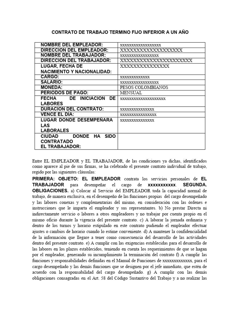 Contrato de Trabajo Termino Fijo Inferior A Un Año | PDF