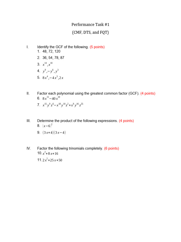 Performance Task (CMF, DTS and FQT) | PDF