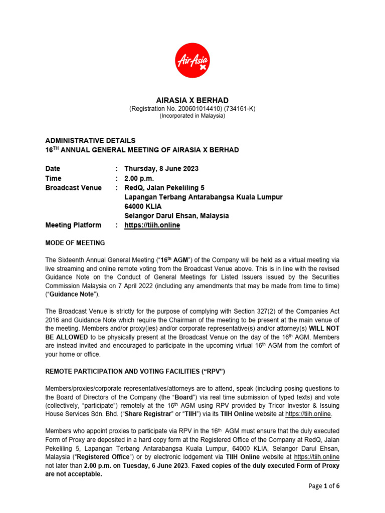 Administrative Details For AGM | PDF | Proxy Voting | Password