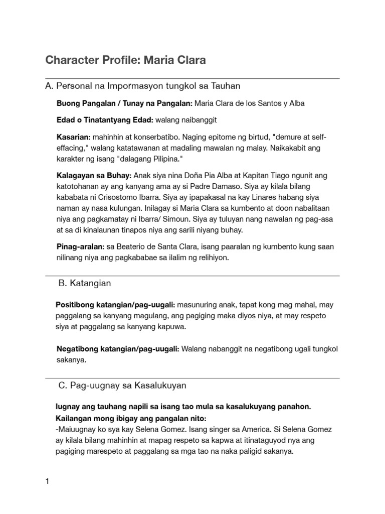 Character Profile - Maria Clara | PDF