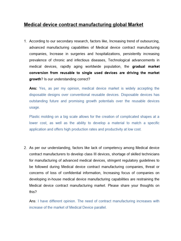Questionnaire - Medical Device Contract Manufacturing Global Market ...