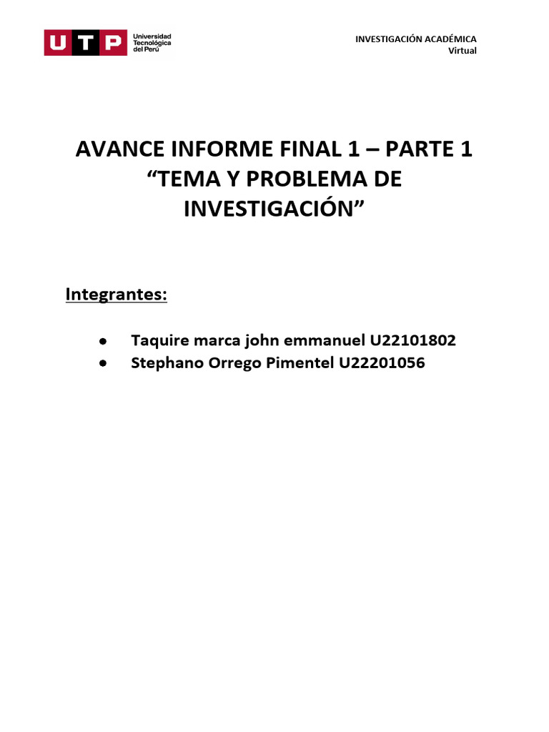 Semana 03-Formato - Avance de Informe Final 1 - Parte 1 - Tema y Problema de Investigación | PDF ...