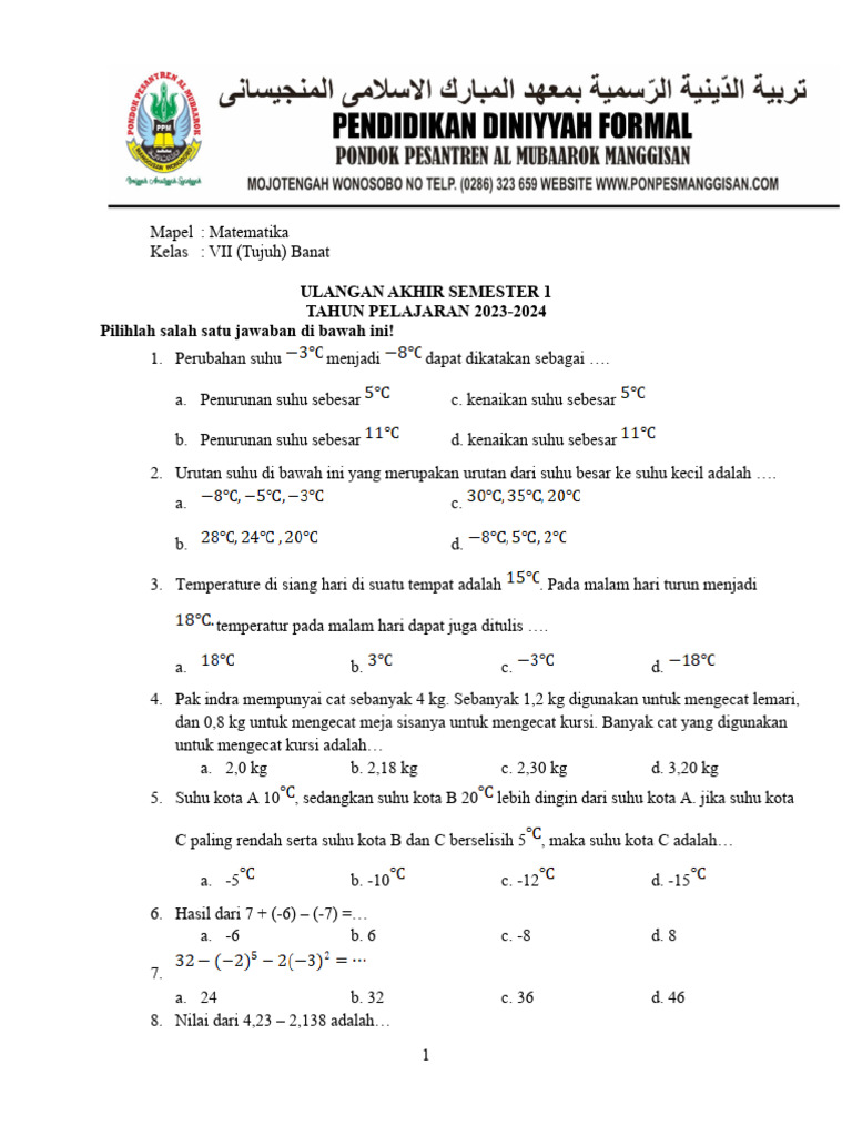 Soal Uas 2023 1 MTK 7 Banat | PDF