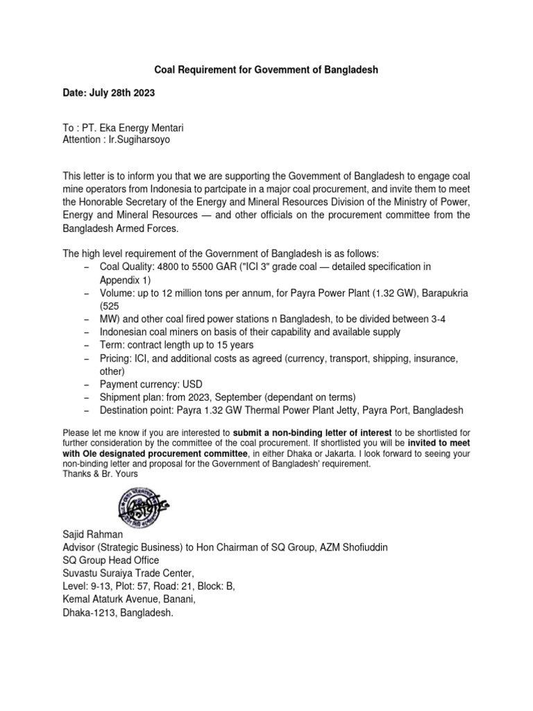 Coal Requirement For Govemment of Bangladesh | PDF