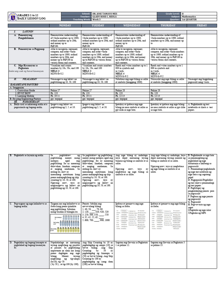 Grade 2 Q1-W3-Math-Dll | PDF | Mathematics | Numbers