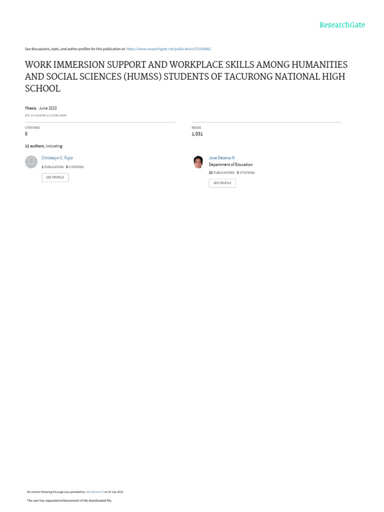 HUMSS Work Immersion and Skills Study | PDF | Survey Methodology ...