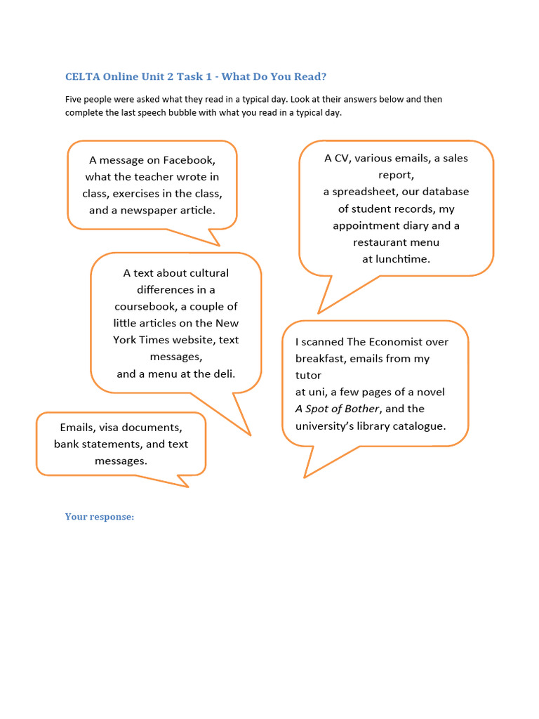 CELTA Online Unit 2 Task 1 - What Do You Read | PDF