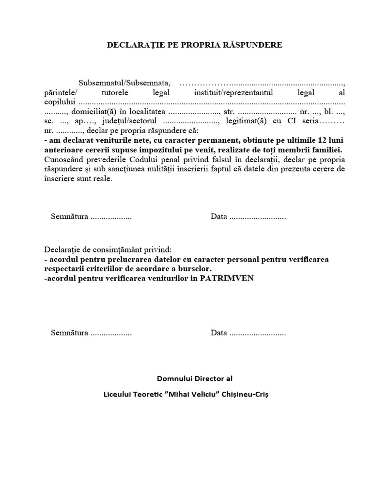 Declaratie Pe Propria Raspundere | PDF