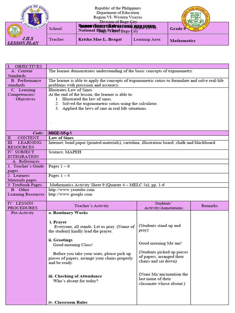 Grade 9 Trigonometry Lesson Plan | PDF