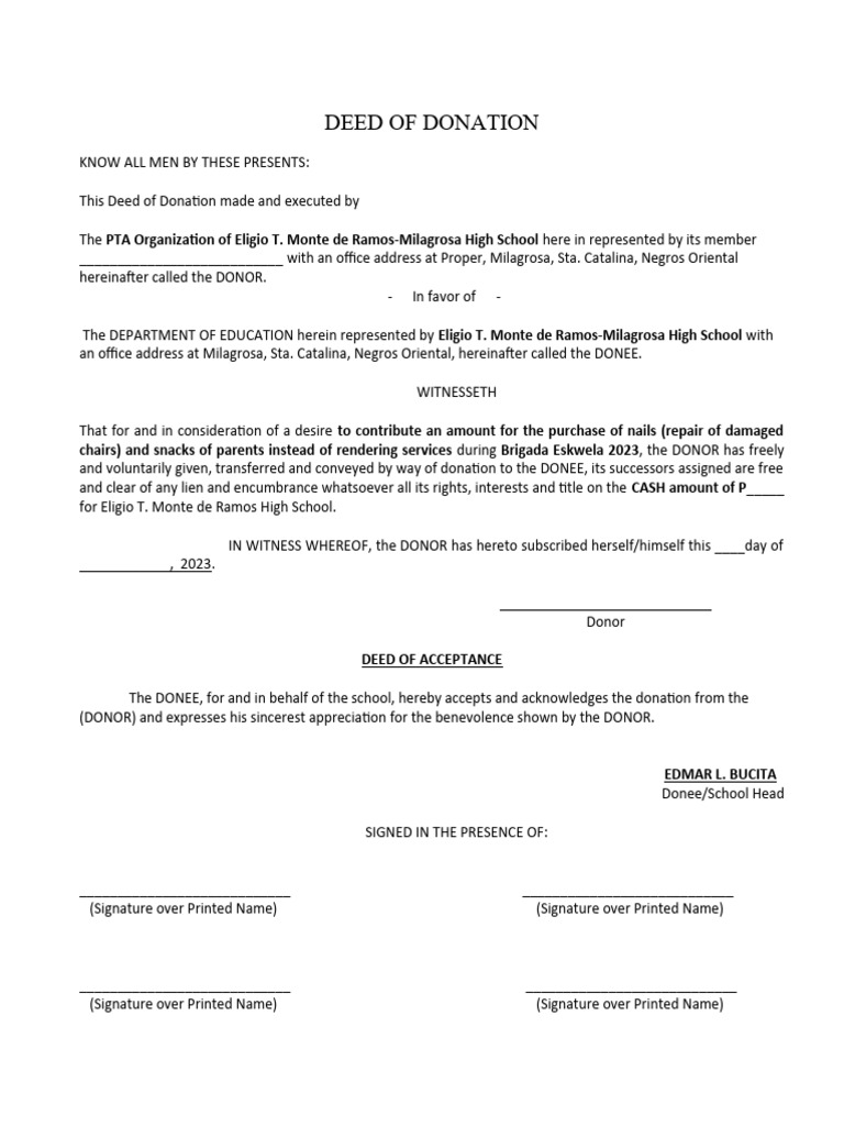 DEED OF DONATION 2023 Sample | PDF | Career & Growth