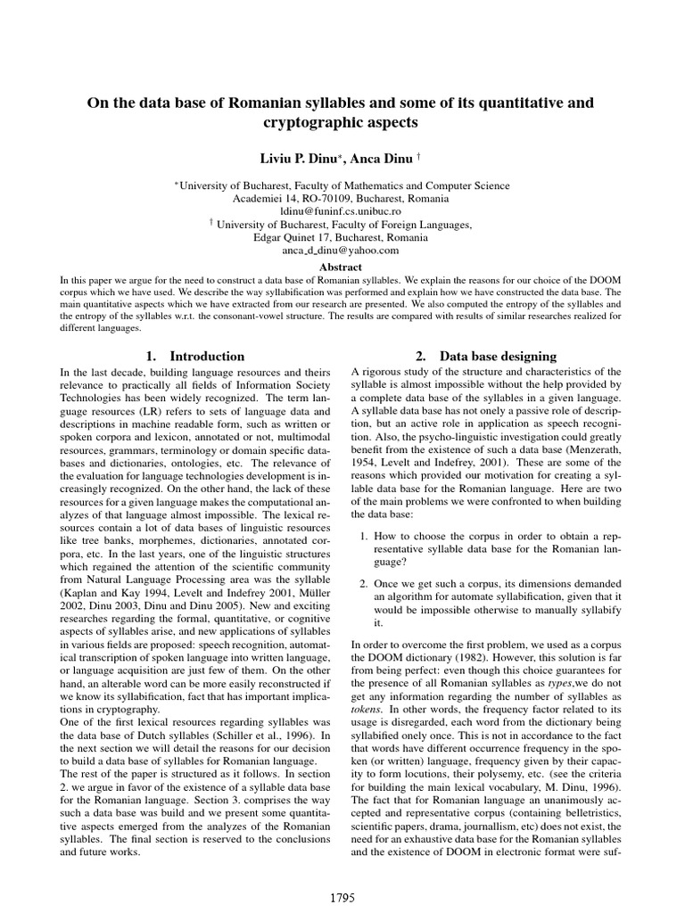 2006 Liviu P. Dinu, Anca Dinu, 2006. On The Data Base of Romanian ...