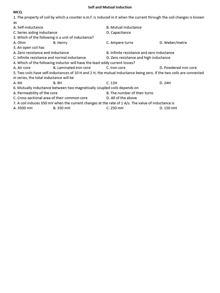 Questions On Self and Mutual Induction | PDF