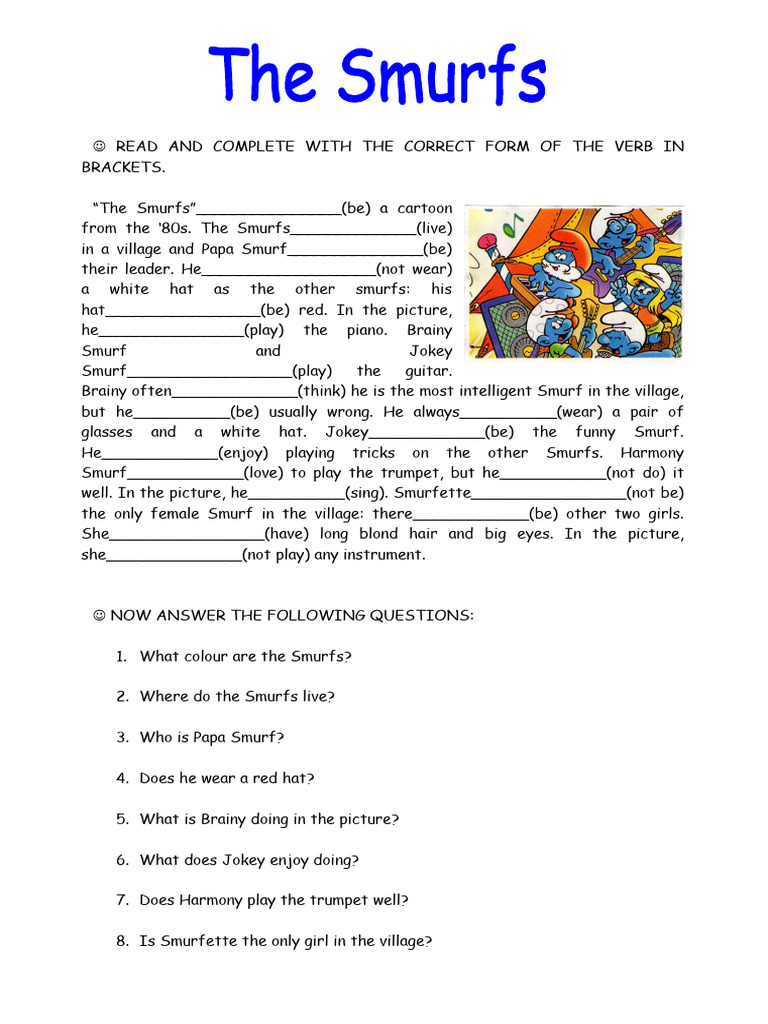 The Smurfs Fun Activities Games Reading Comprehension Exercis - 24082 | PDF
